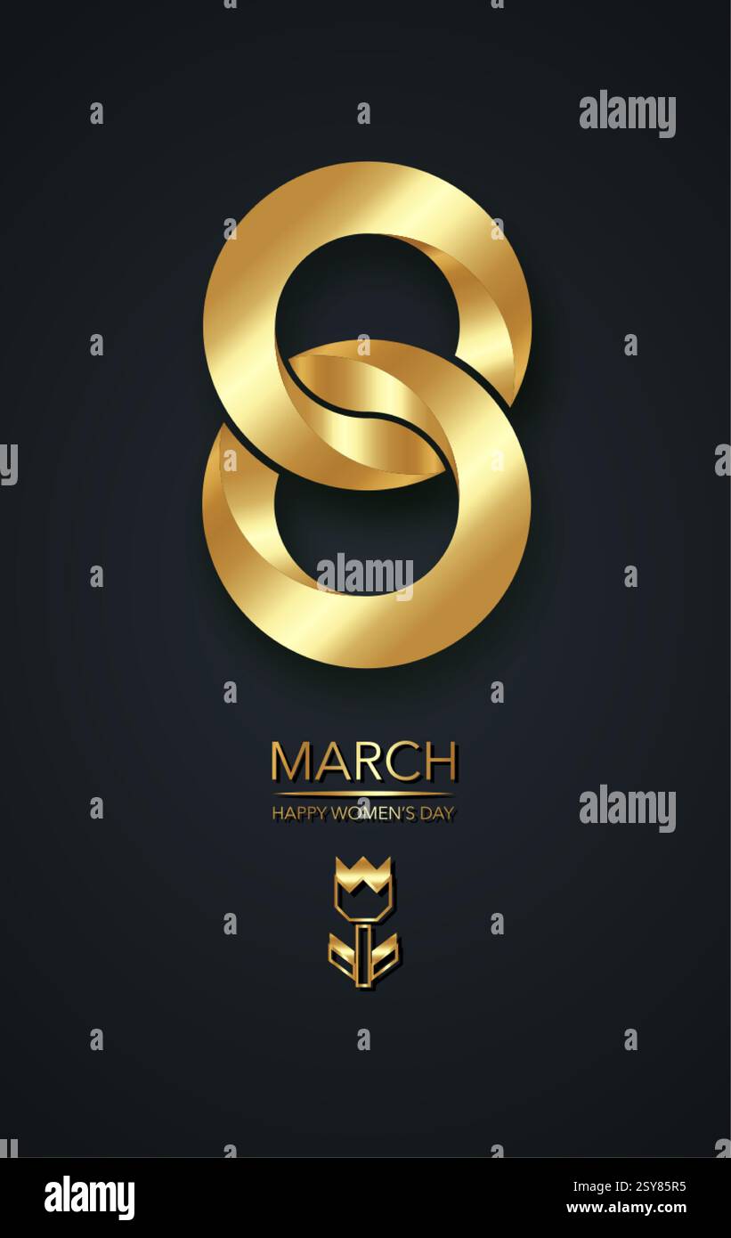 8 march women's day, luxury postcard. Shiny 3D golden Eight lettering ...