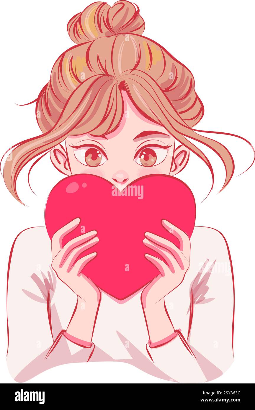Brown haired girl with messy bun holds red heart. Anime manga kawaii ...