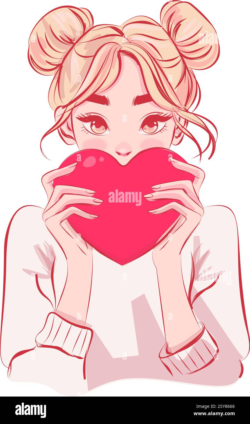 Blonde girl wearing bun ponytails with long bob hairstyle holds red ...