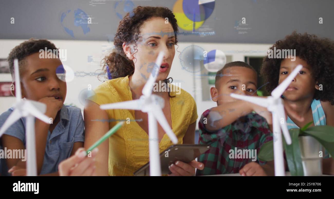 Image of diagrams and data processing over diverse female teacher and ...