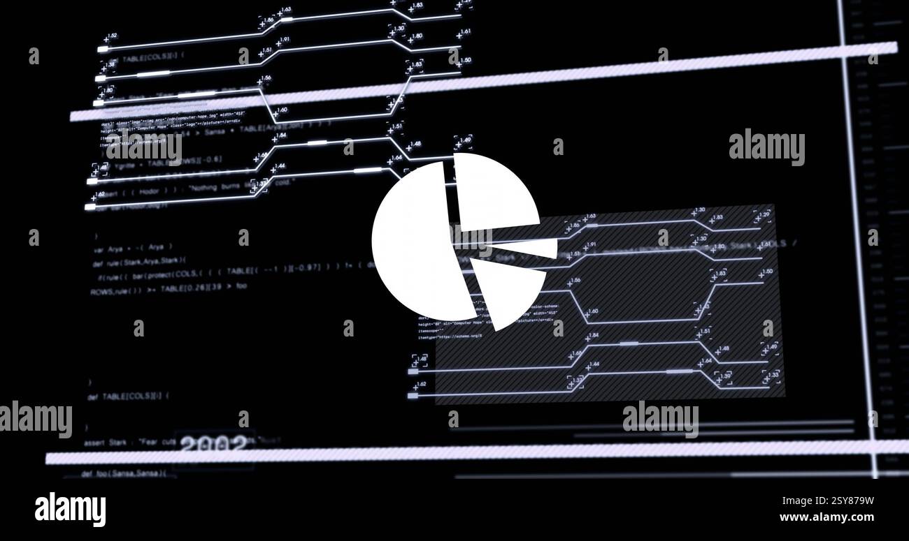 Image of digital data processing and pie chart over black background ...