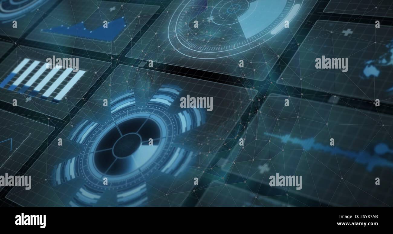 Image of digital data processing and scopes scanning on screens over black background Stock ...