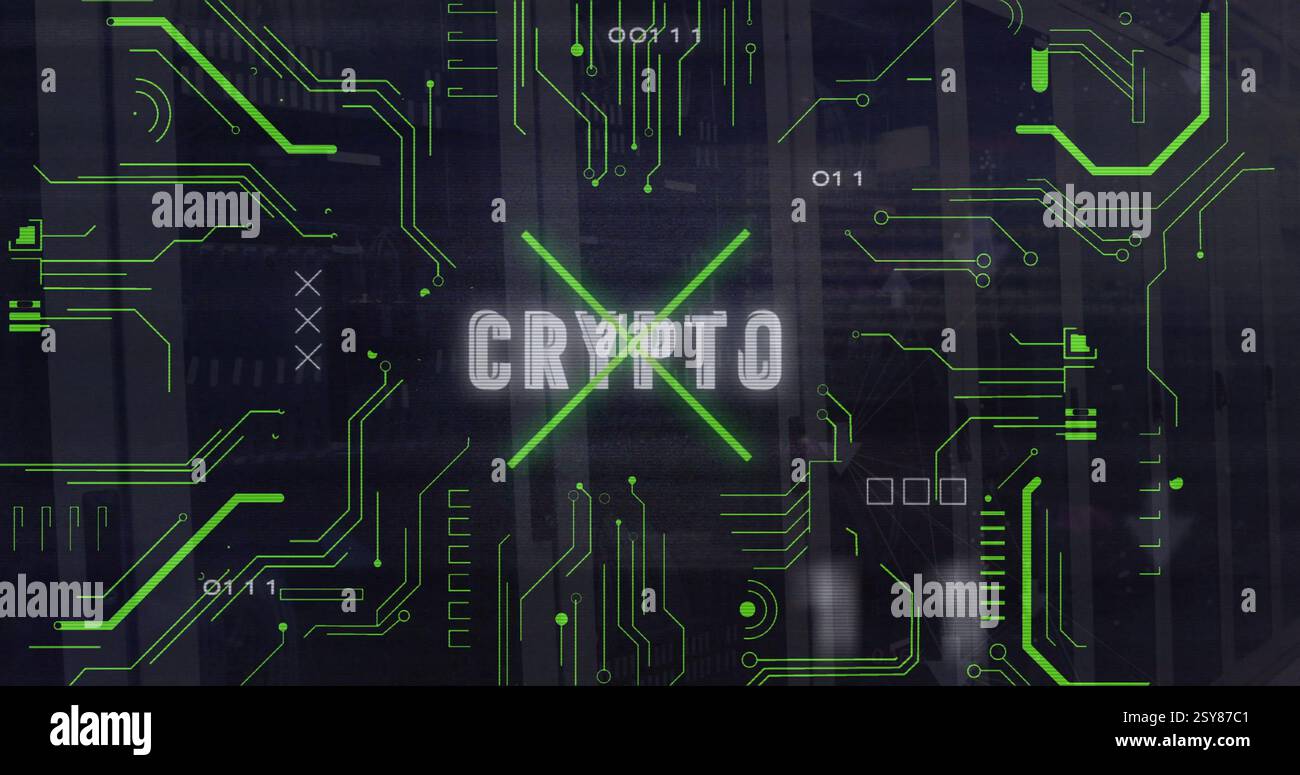 Image of crypto text with connections and data processing over server room Stock Photo - Alamy
