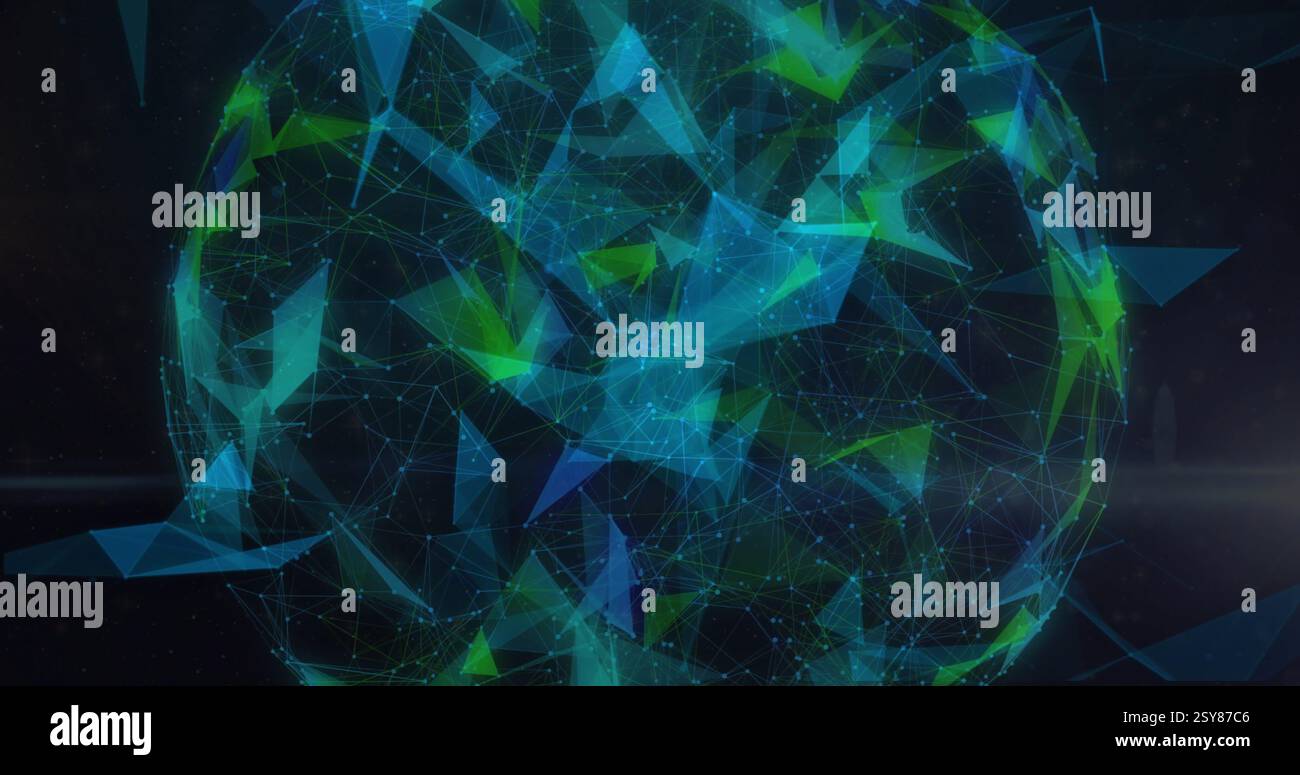 Image of rotating 3d sphere of green and blue networks on black ...