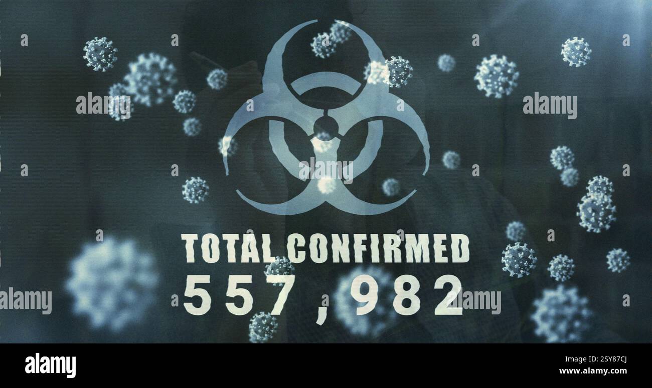 Image of biohazard symbol and total confirmed number with virus cells ...