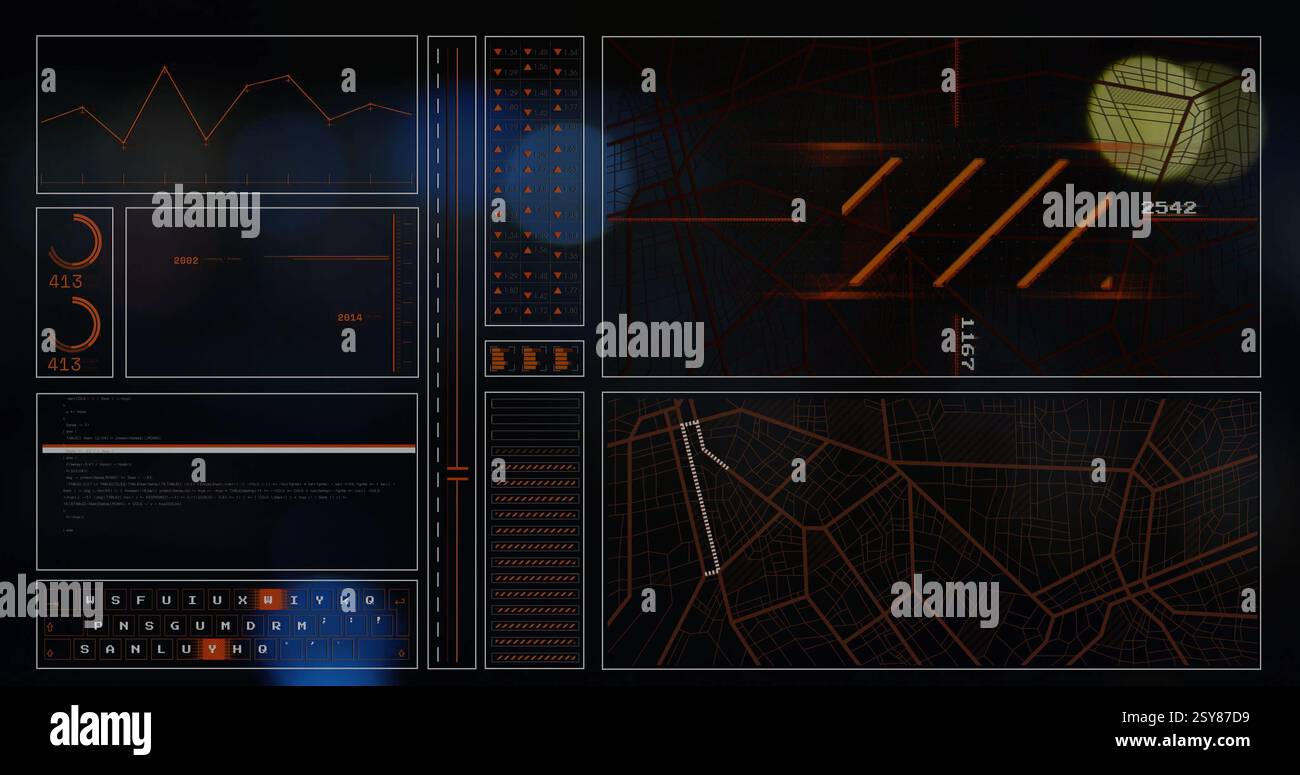 Data analysis and mapping image over futuristic interface with graphs and codes Stock Photo - Alamy
