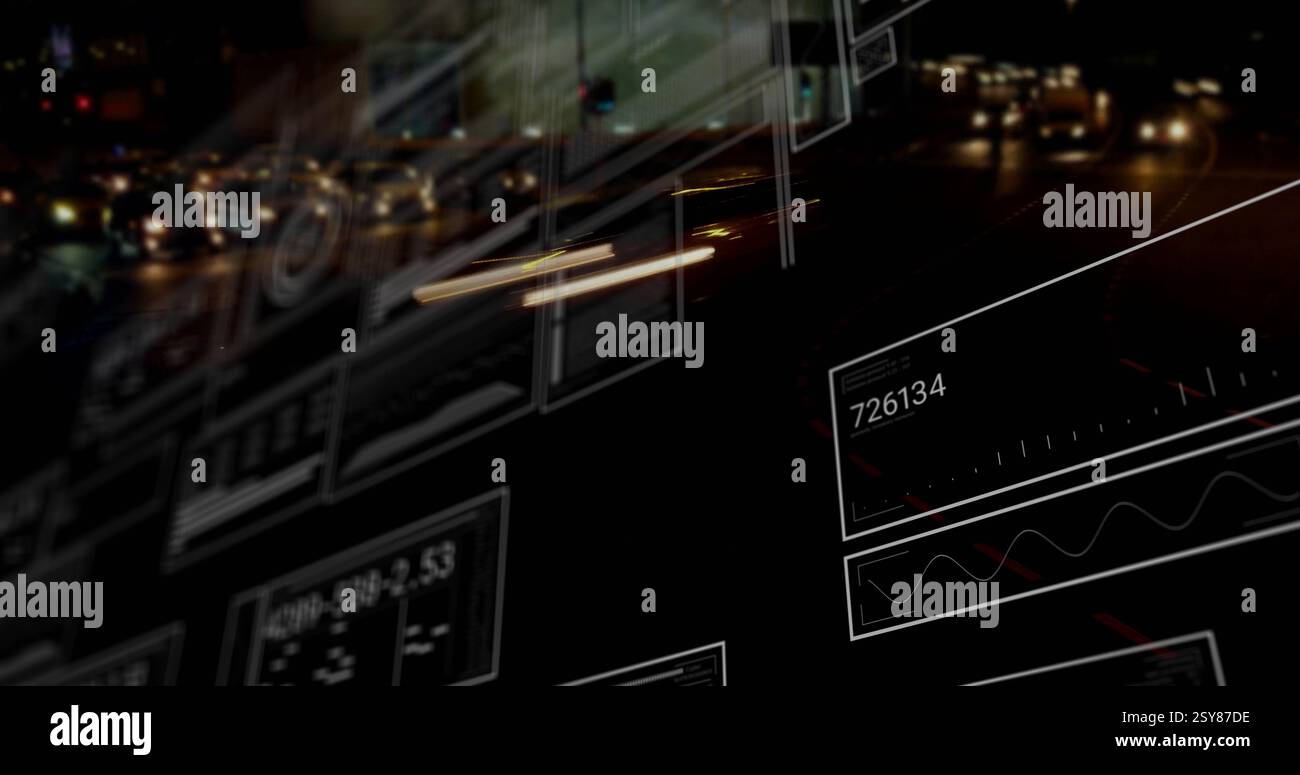 Traffic data processing image over busy city street at night Stock ...