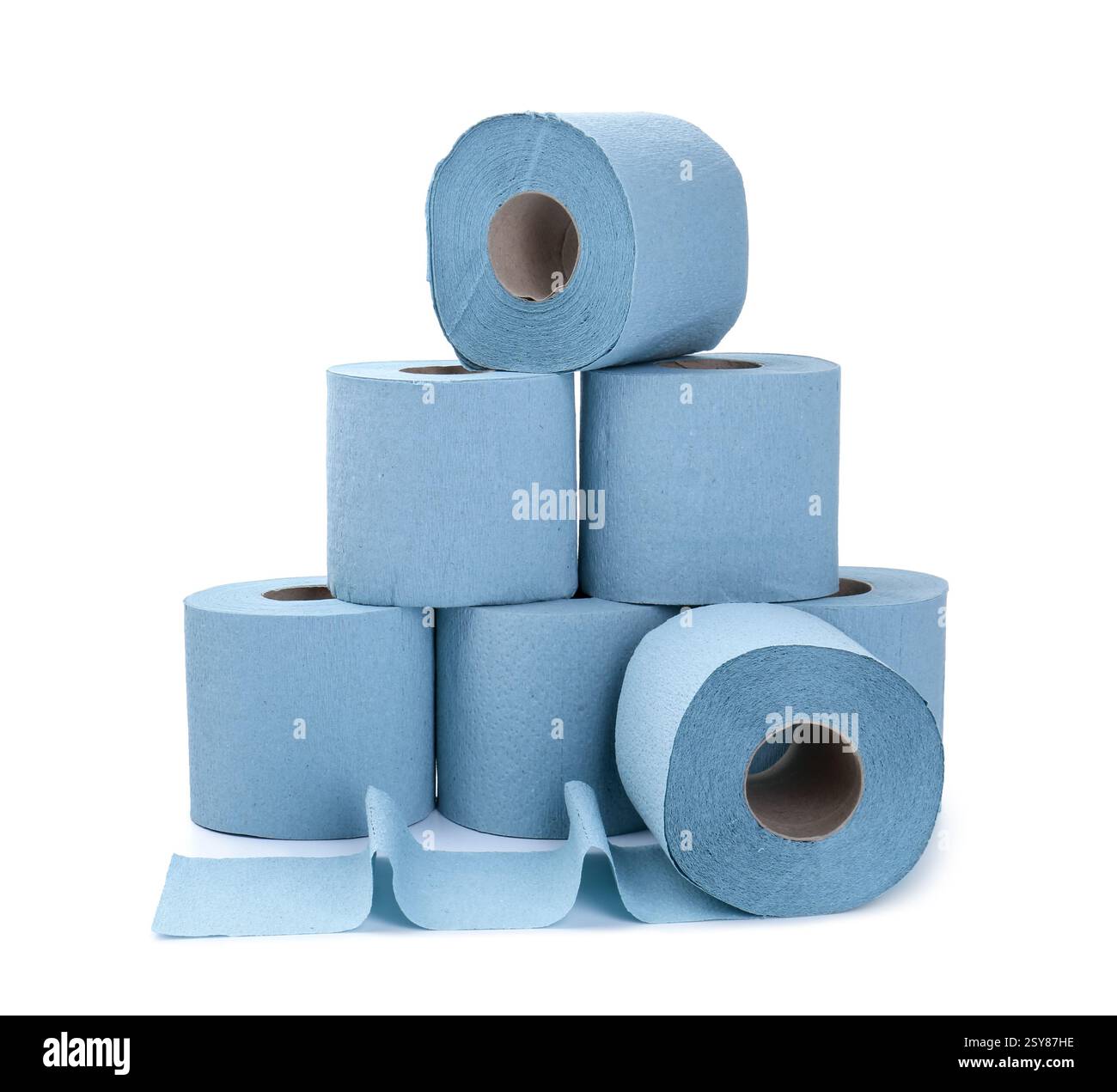 Stacked light blue toilet paper rolls isolated on white Stock Photo - Alamy