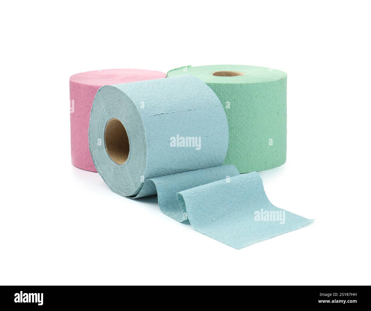 Colorful toilet paper rolls isolated on white Stock Photo - Alamy