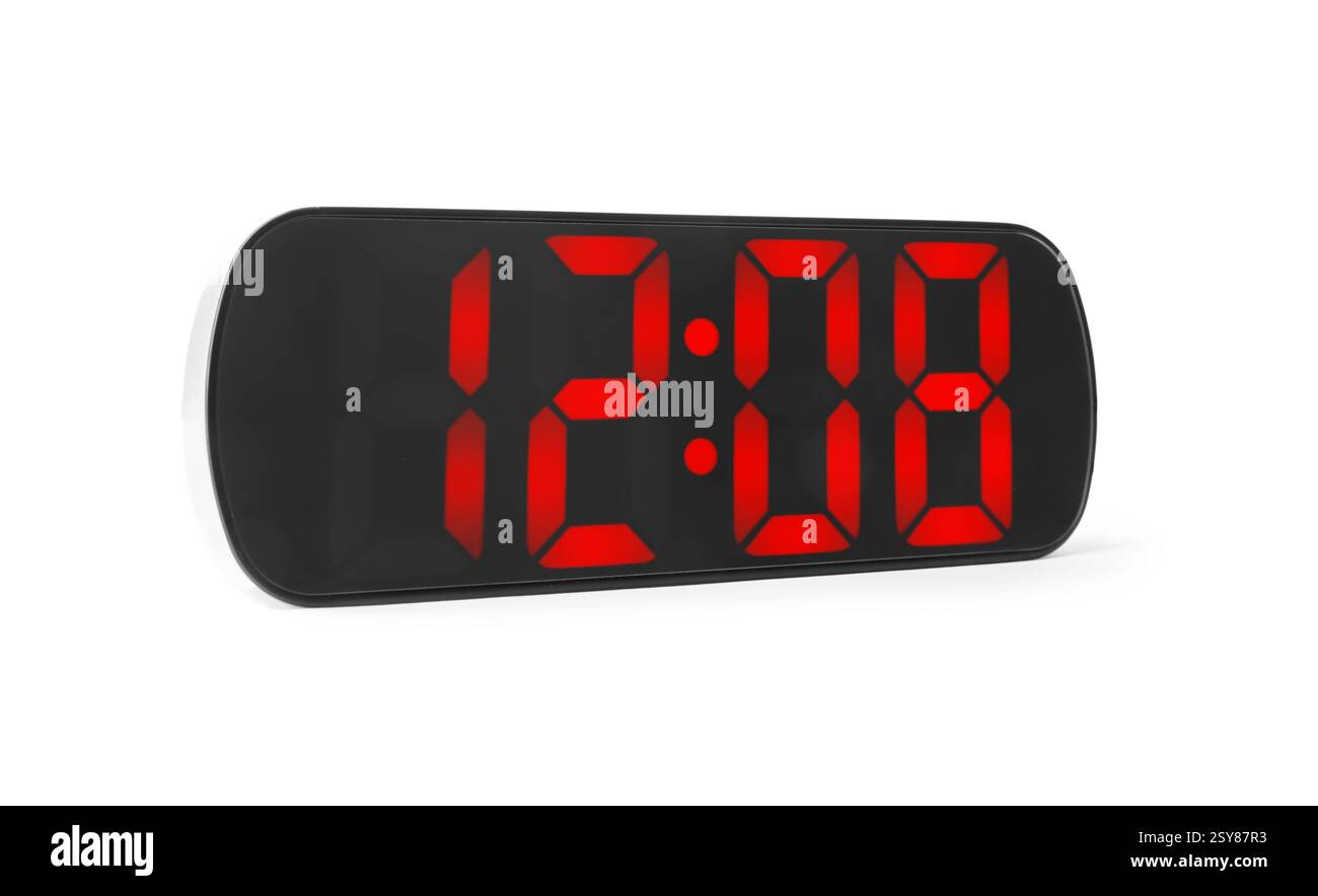 Digital alarm clock showing 12:08 o'clock on white background Stock ...
