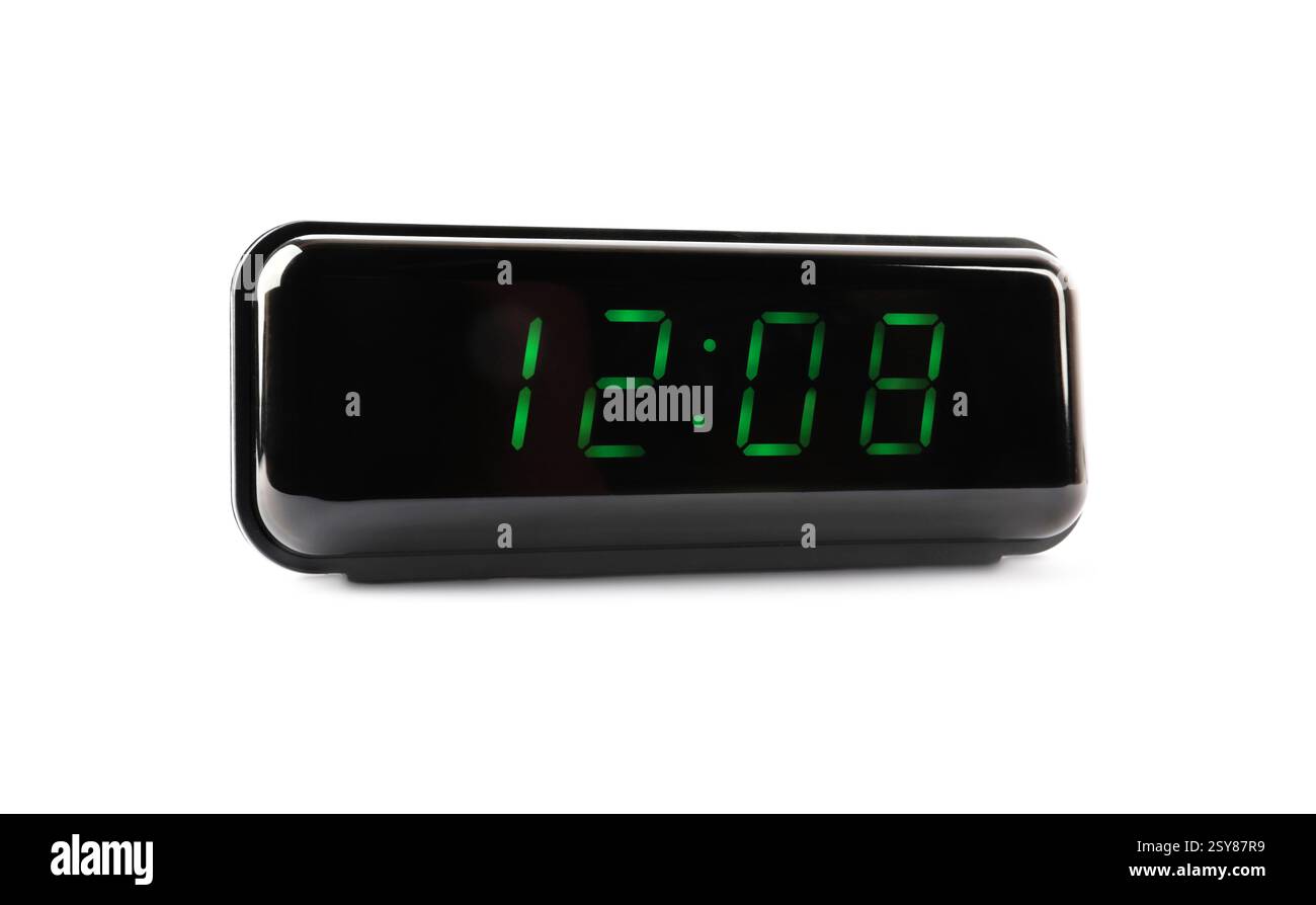 Digital alarm clock showing 12:08 o'clock on white background Stock ...