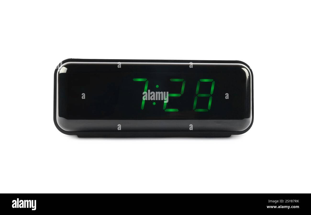 Digital alarm clock showing 7:28 o'clock on white background Stock ...