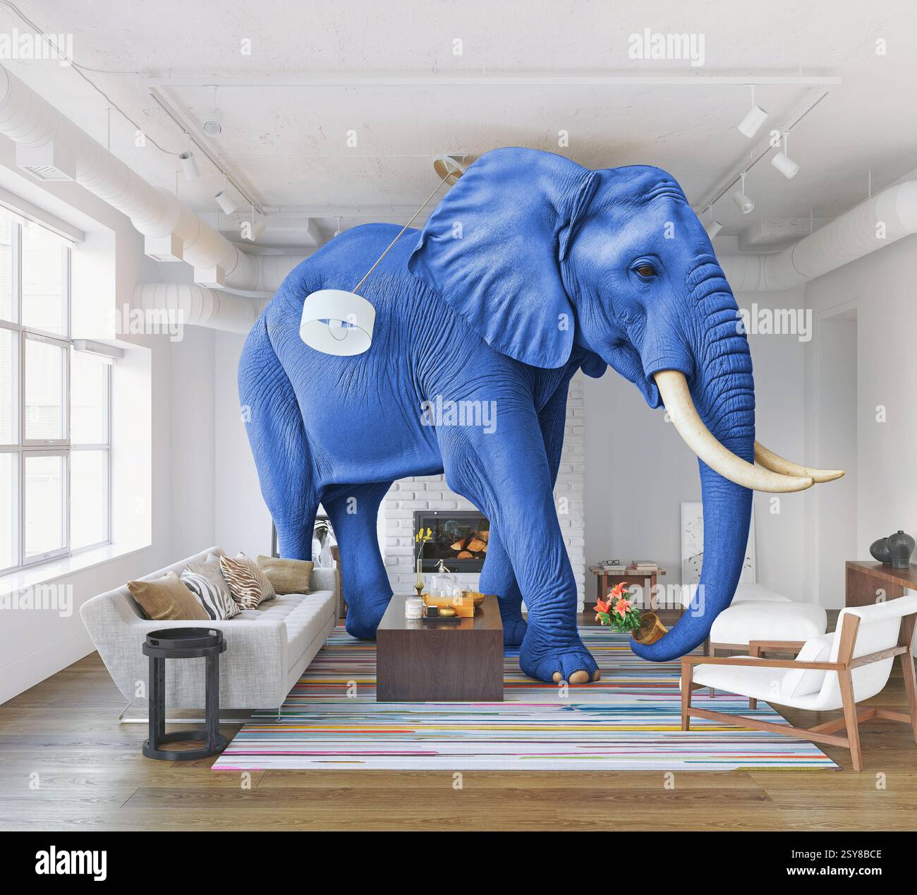 Large elephant in a living room with colorful rug and sofa. 3d render ...