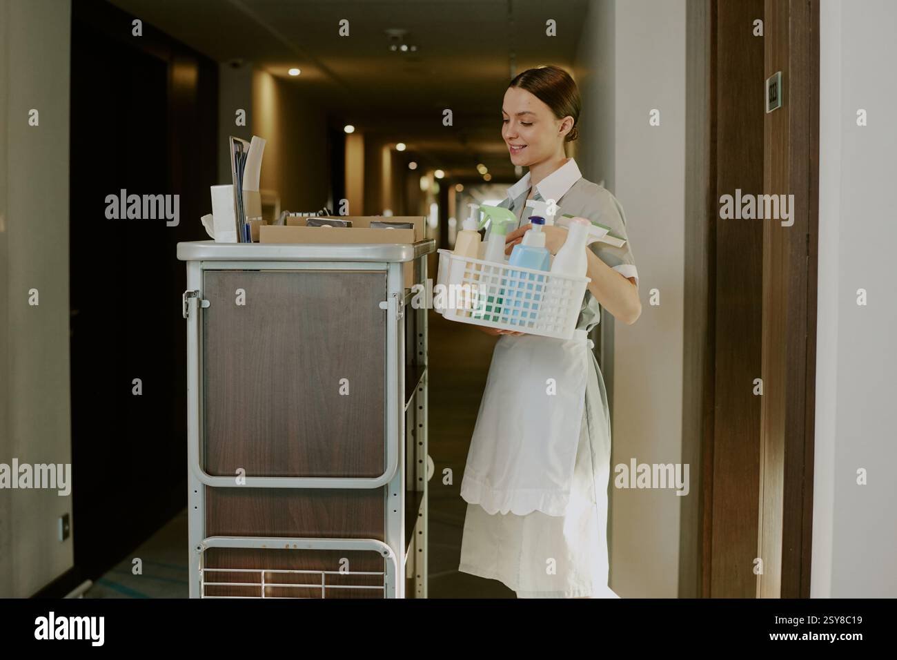 Wide shot of smiling maid holding container with detergents and ready ...