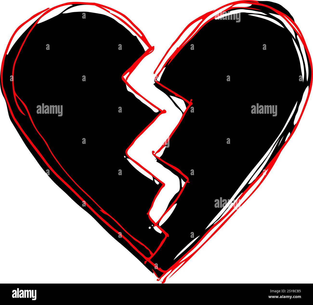 Stylized broken heart symbol with bold black and red outlines on a ...