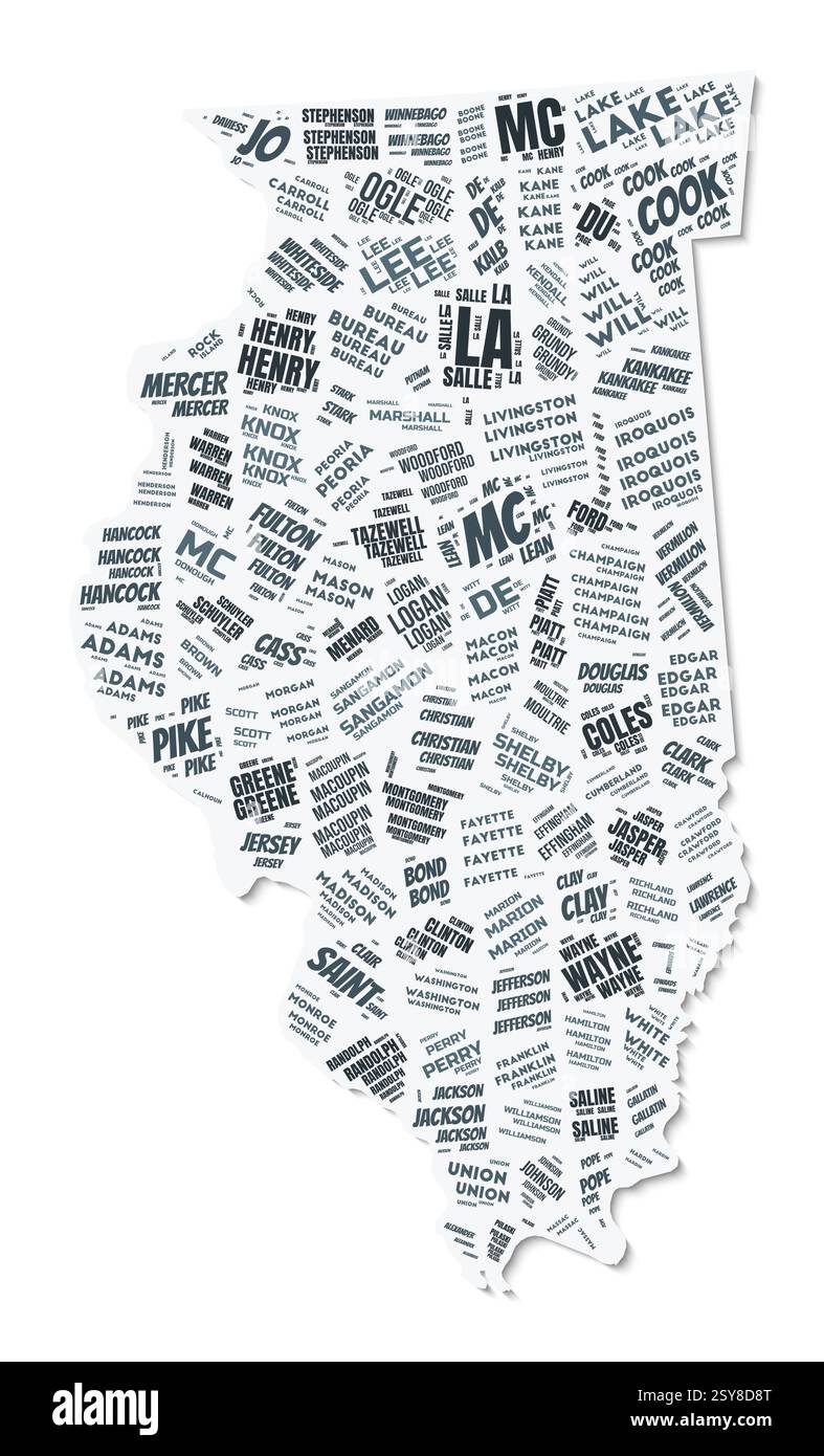 Illinois shape text cloud. State border with shadow on white background ...