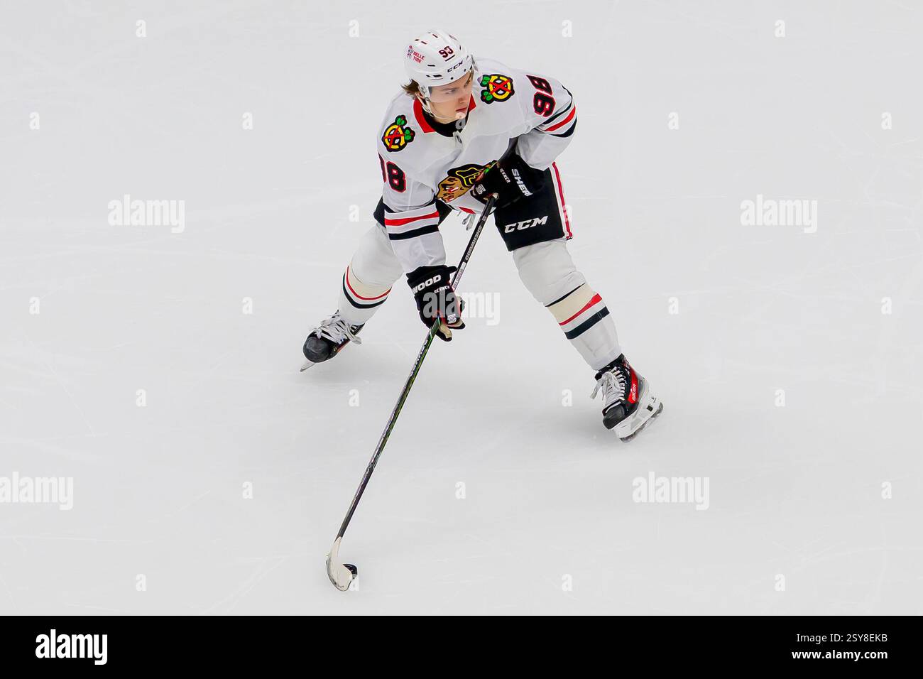 Chicago Blackhawks center Connor Bedard (98) looks to shoot the puck ...