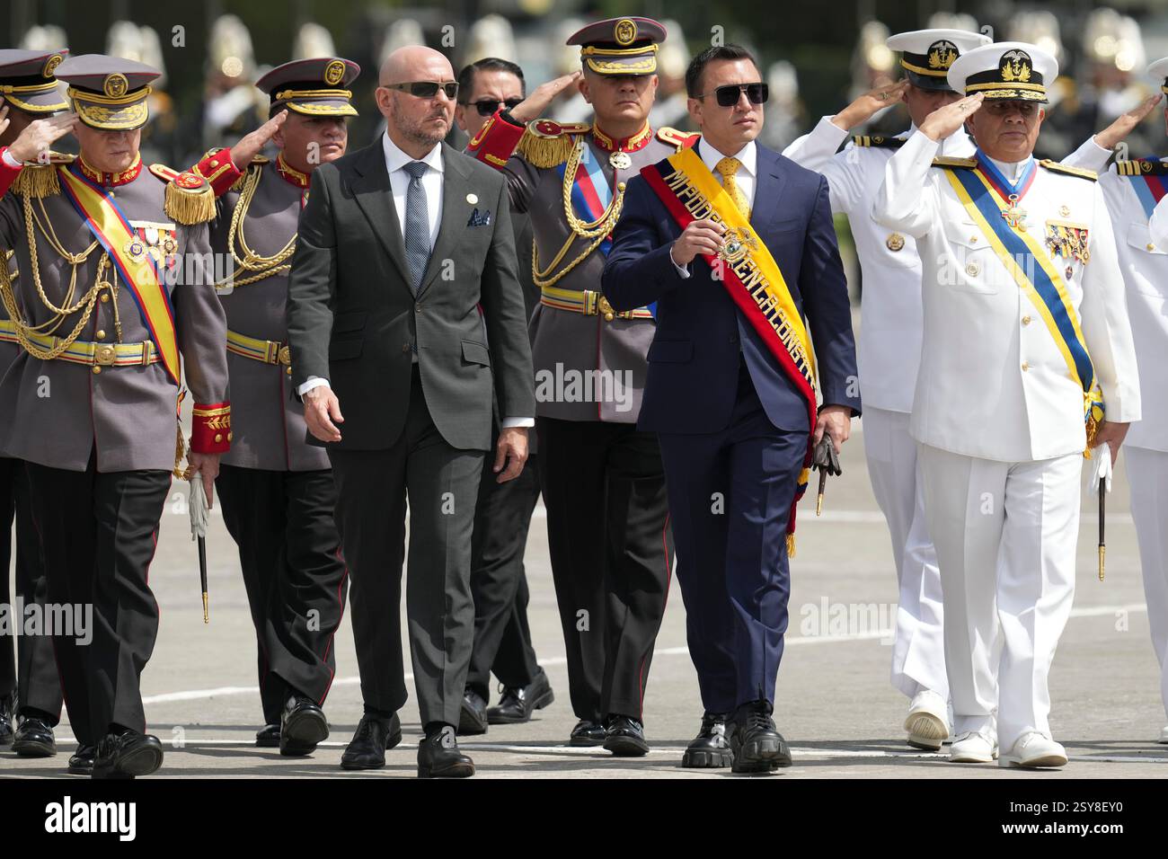 Ecuadorian President Daniel Noboa, center right and Defense Minister ...