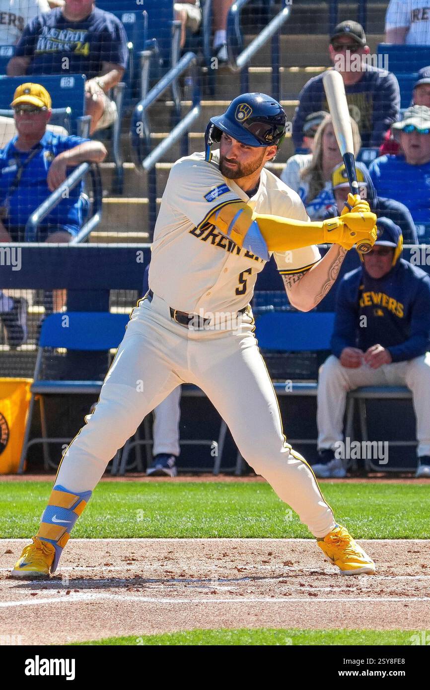 Milwaukee Brewers outfielder Garrett Mitchell (5) during a spring ...