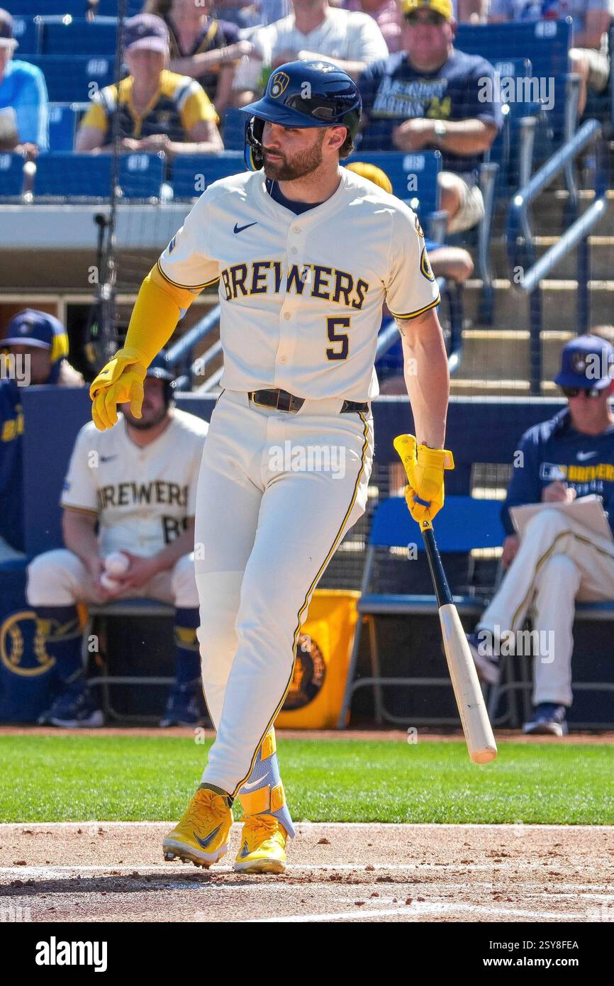 Milwaukee Brewers outfielder Garrett Mitchell (5) during a spring ...