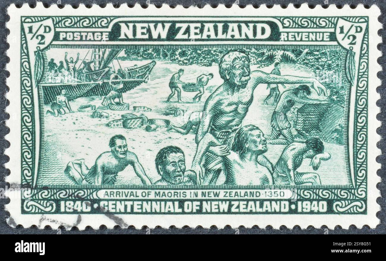 Cancelled postage stamp printed by New Zealand, that shows Arrival of ...