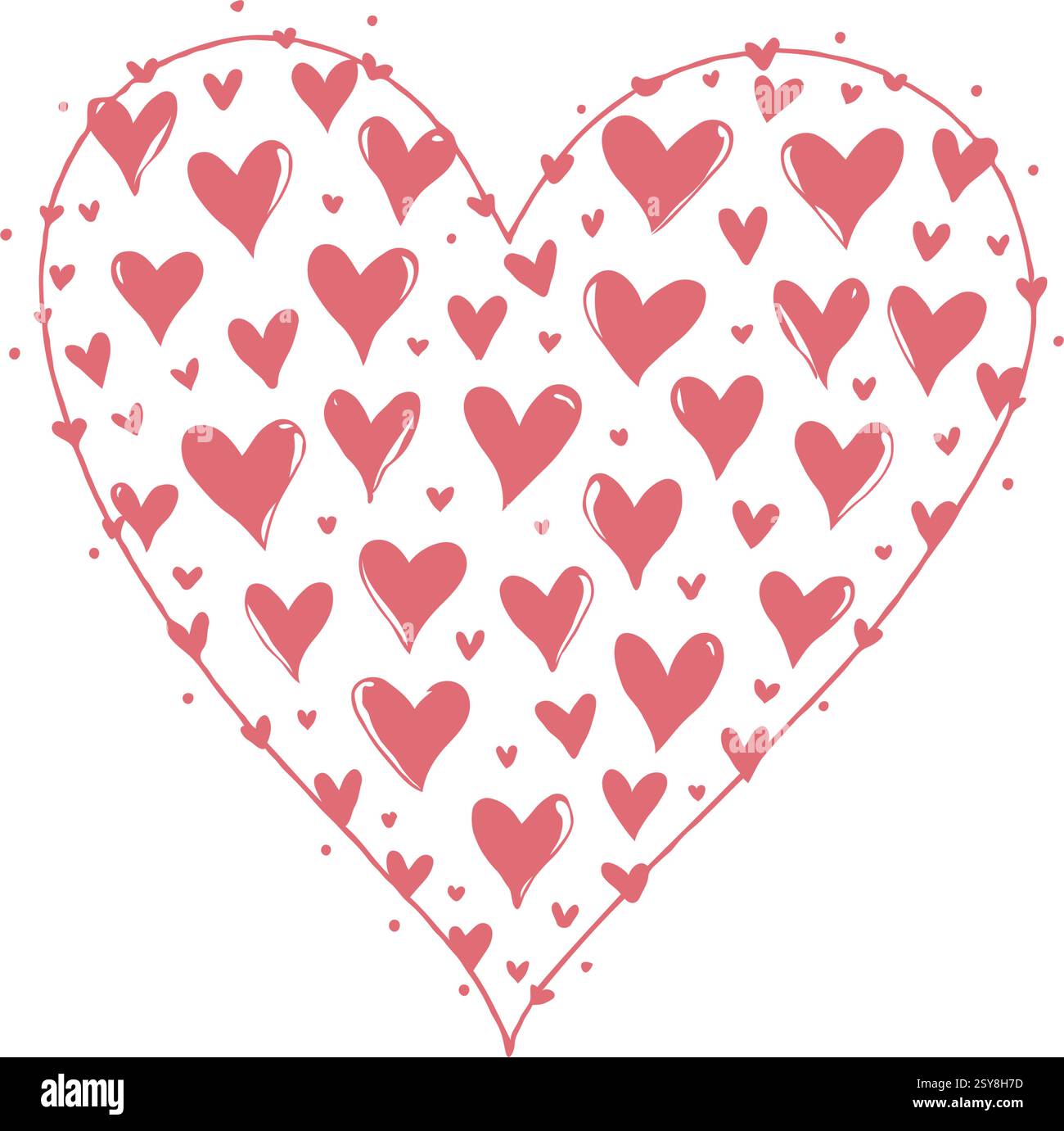 Large hand-drawn heart filled with smaller pink hearts, simple line art ...