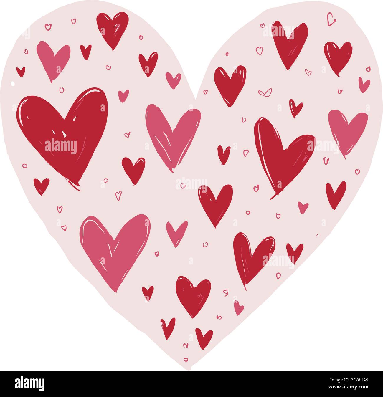 Heart shape filled with red and pink hearts, hand-drawn style, white ...