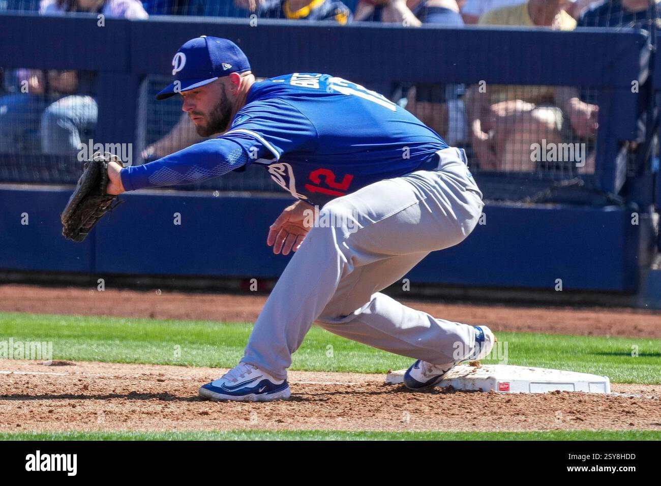 Los Angeles Dodgers first baseman David Bote (12) during a spring ...