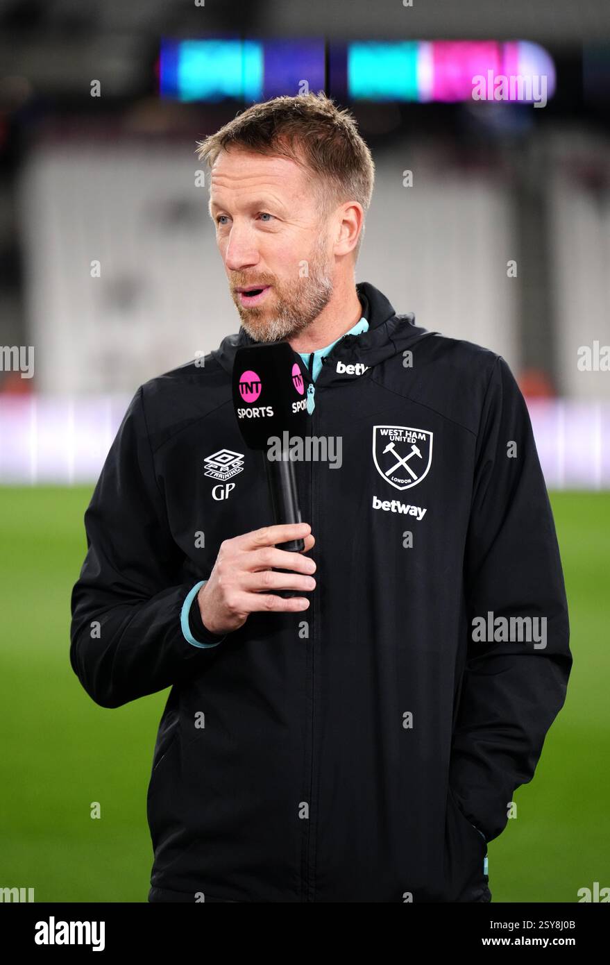 West Ham United manager Graham Potter speaks to TNT Sports before the ...