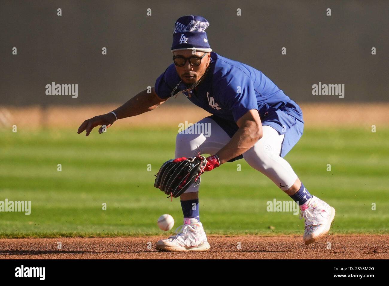 Los Angeles Dodgers shortstop Mookie Betts works out during a spring ...