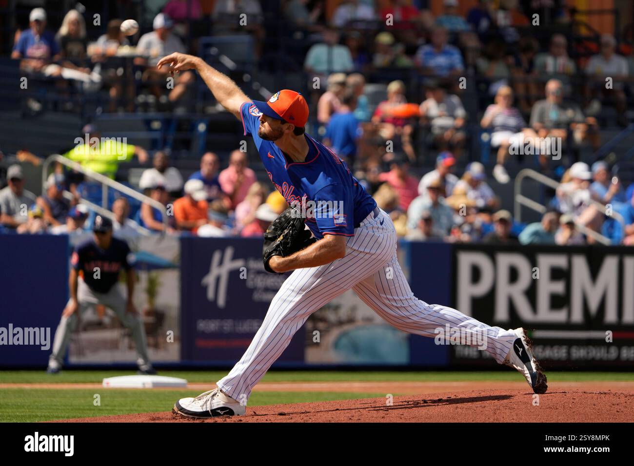 New York Mets starting pitcher Clay Holmes throws during the first inning of a spring training ...