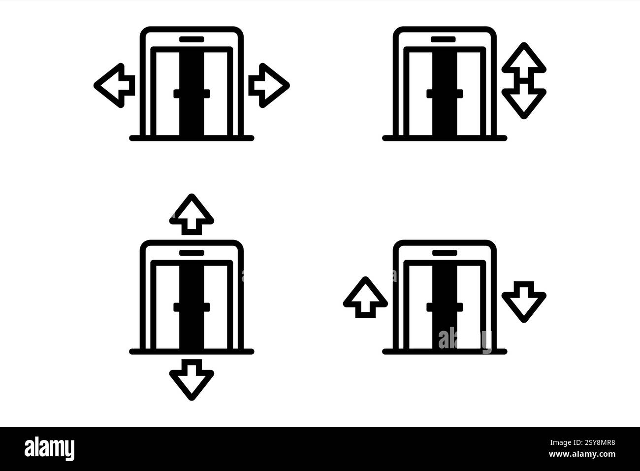 black linear elevator icon. open doors automatically image set Stock ...
