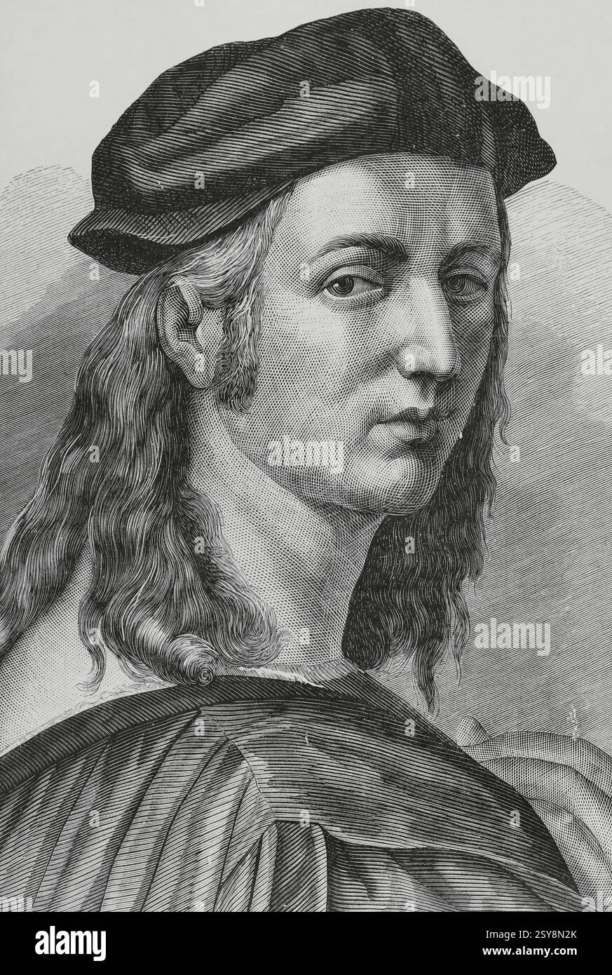 Raphael (1483-1520). Italian Renaissance artist. Portrait. Engraving by ...