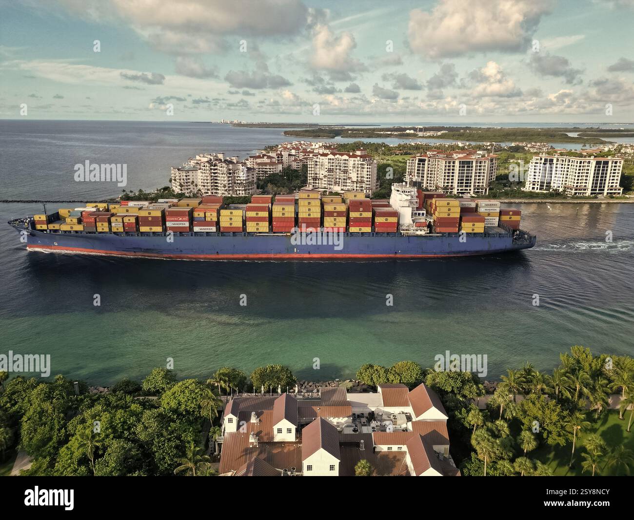 Miami, Florida, USA - June 07, 2024: Cargo ship barge in Miami Biscayne ...