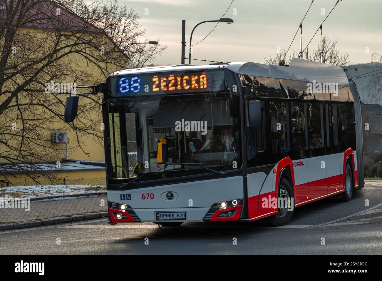 Blue hour evening cloudy winter with trolley bus in Usti nad Labem CZ ...