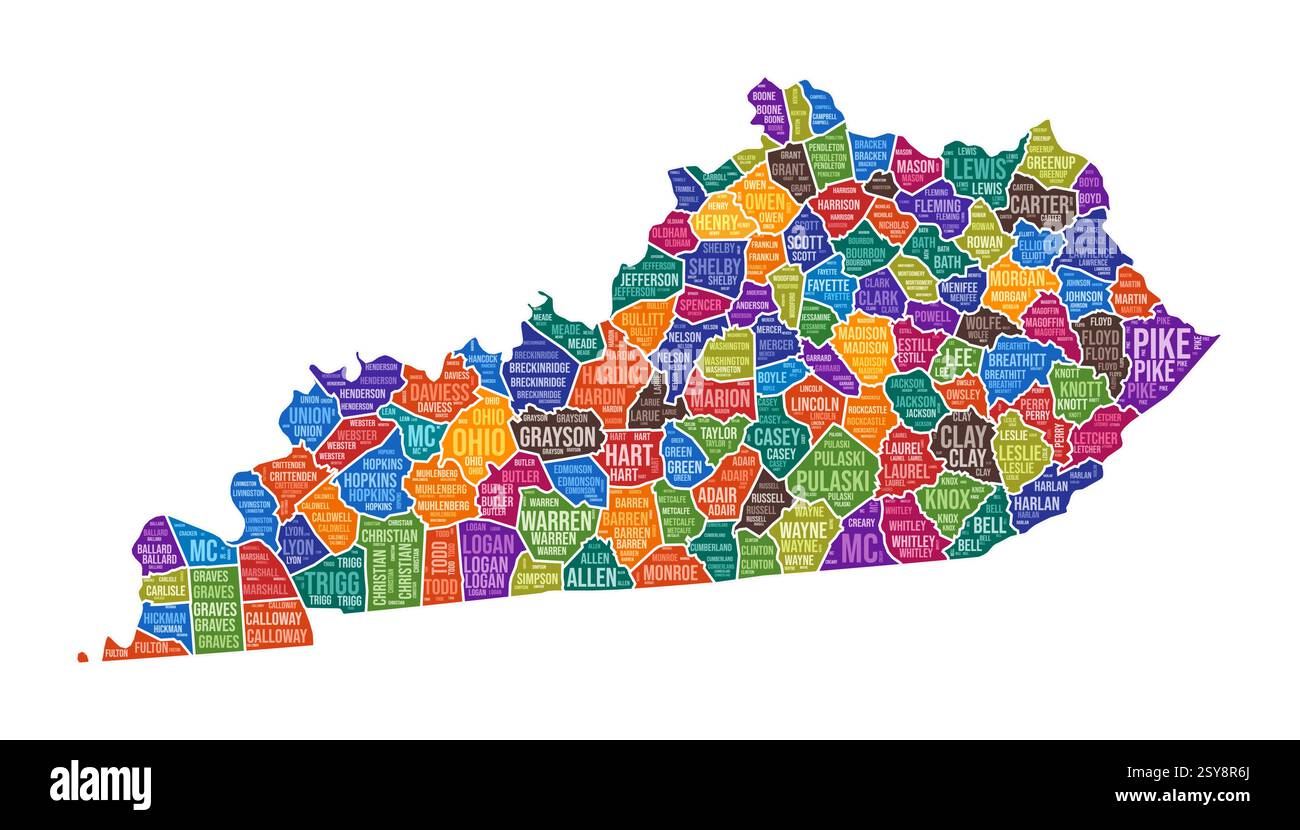 Kentucky shape. State word cloud with county division. Kentucky colored ...