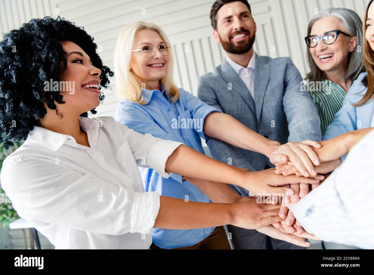 Diverse group of professionals collaborating in a well-lit office space ...