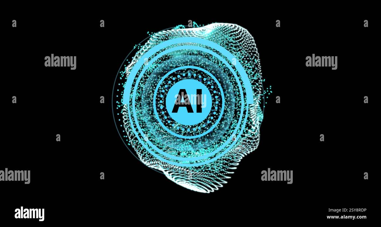 Image of ai circular scanner processing and moving network of connections on black background ...