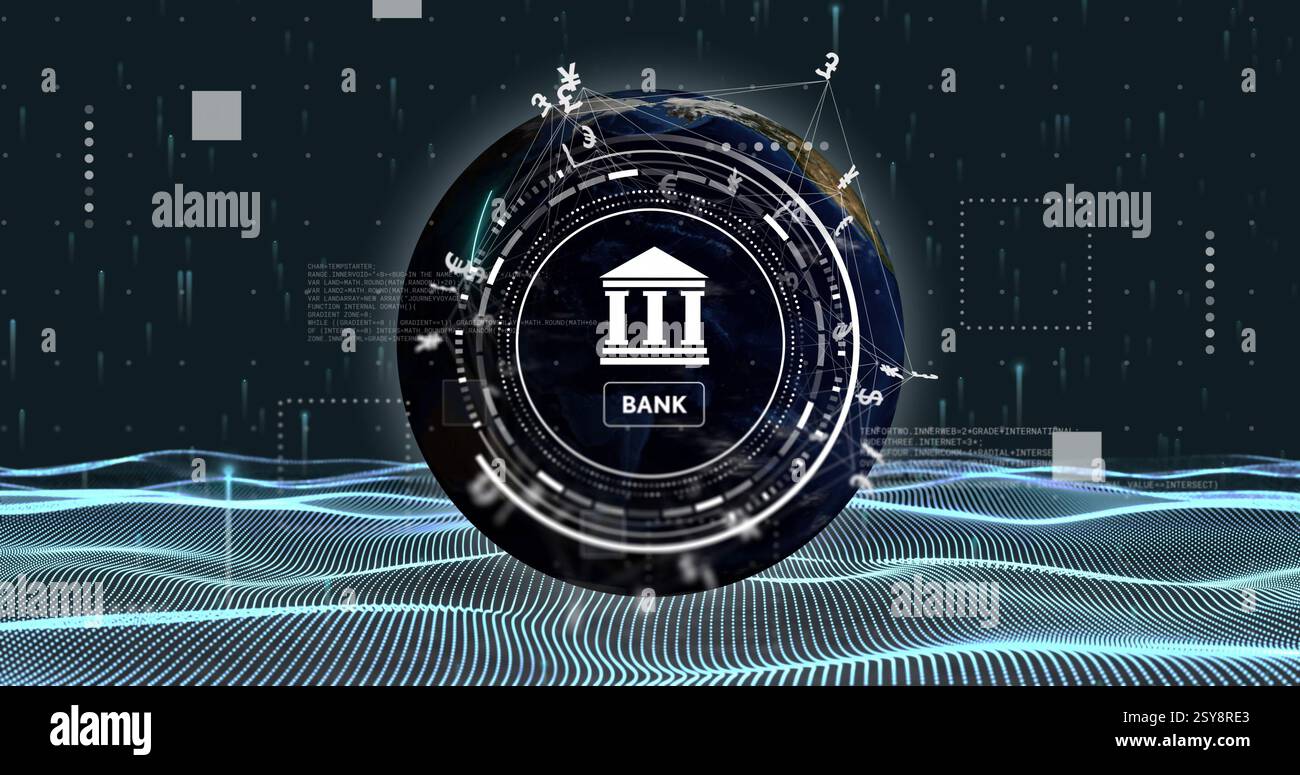 Image of bank scanner with currency symbols over processing data and ...