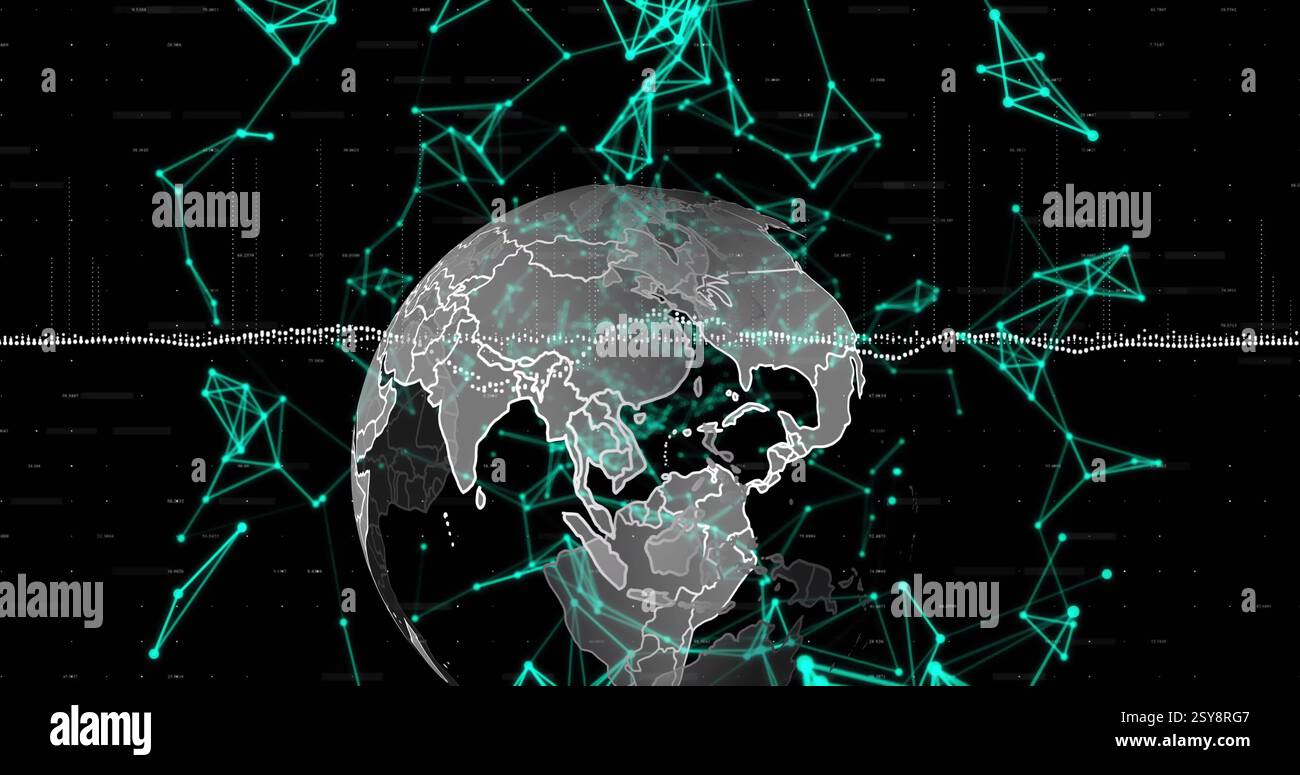 Image of shapes and globe over diagram on black background Stock Photo ...