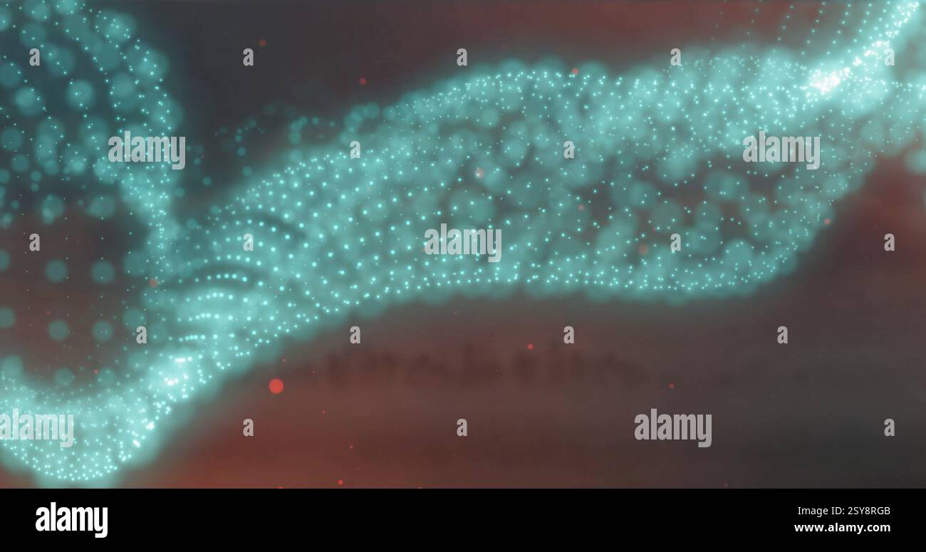 Image of glowing blue particle wave and red light spots moving on dark ...
