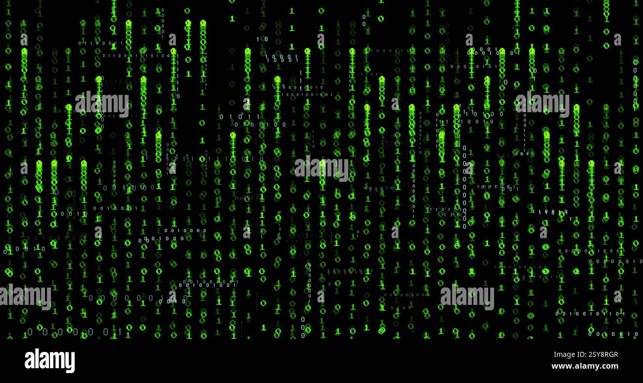 Image of green lights and binary data processing on black background ...