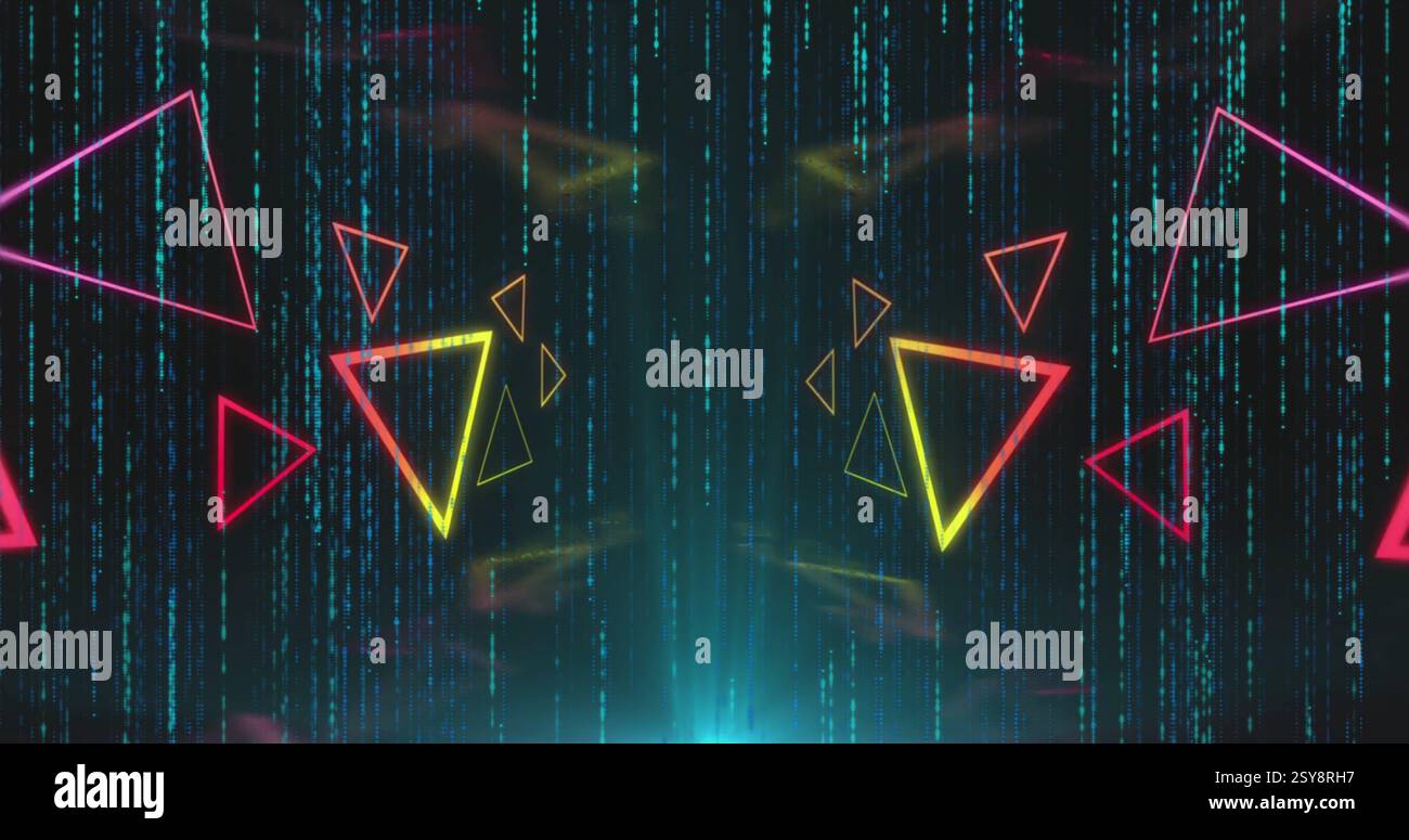 Image of triangles and falling white spots on black background Stock ...