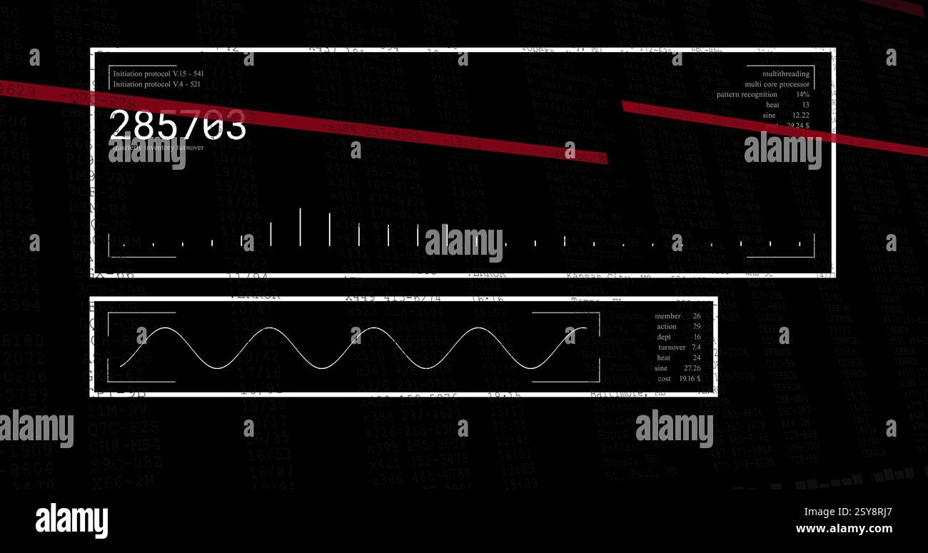 Image of red lines over numeric data and charts processing on black background Stock Photo - Alamy