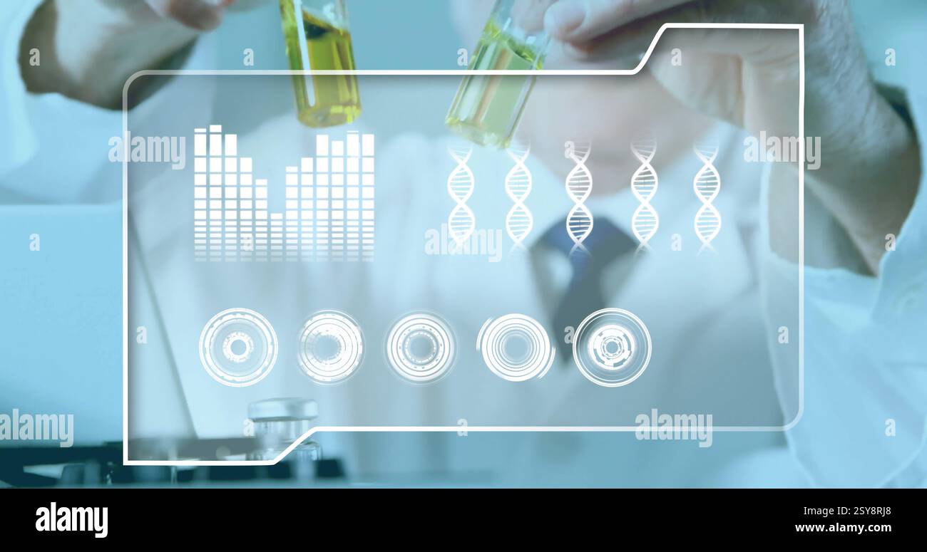 Image of interface processing data and dna over caucasian male ...