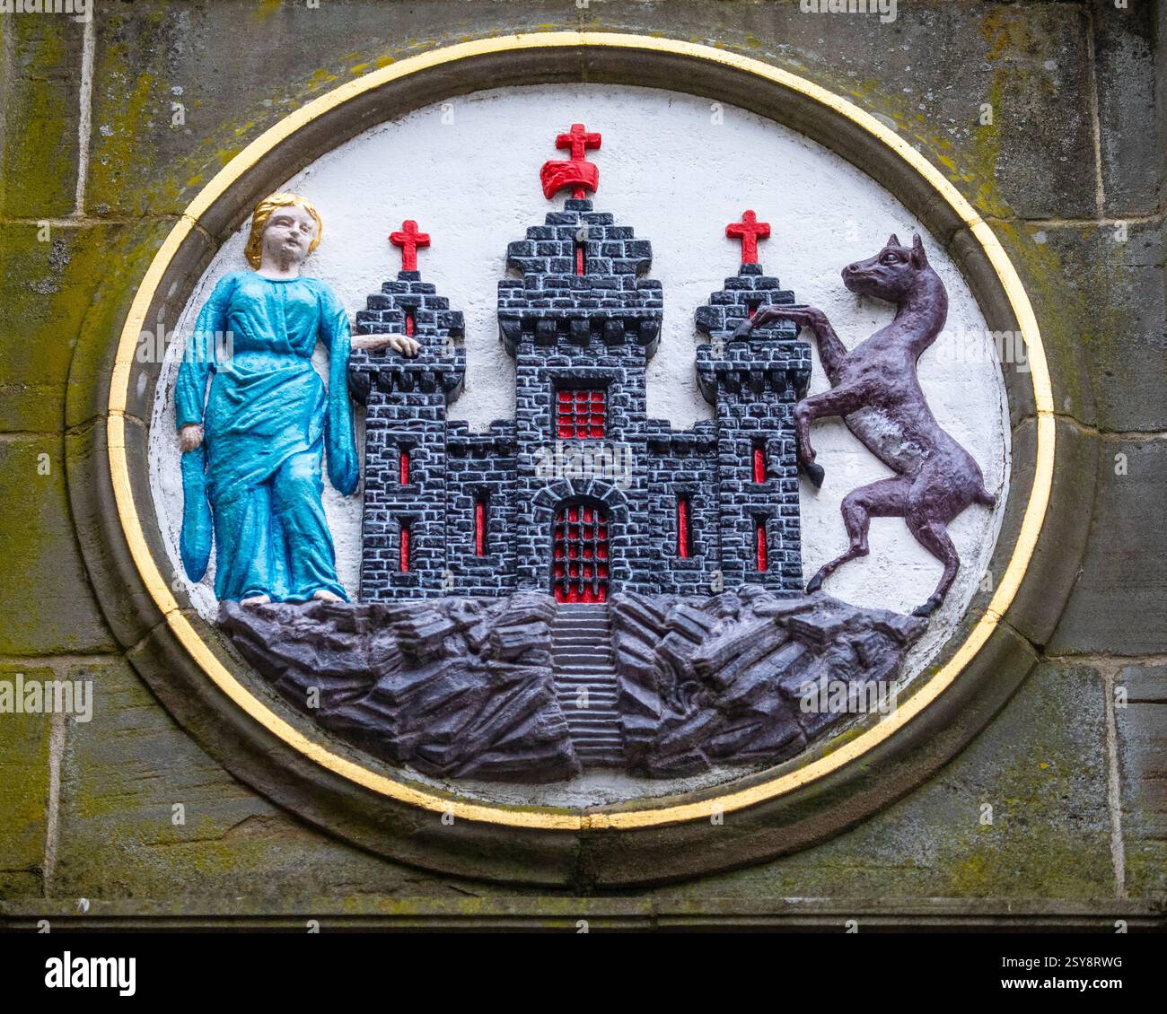 Close-up of one of the symbols on the Mercat Cross in the city of ...