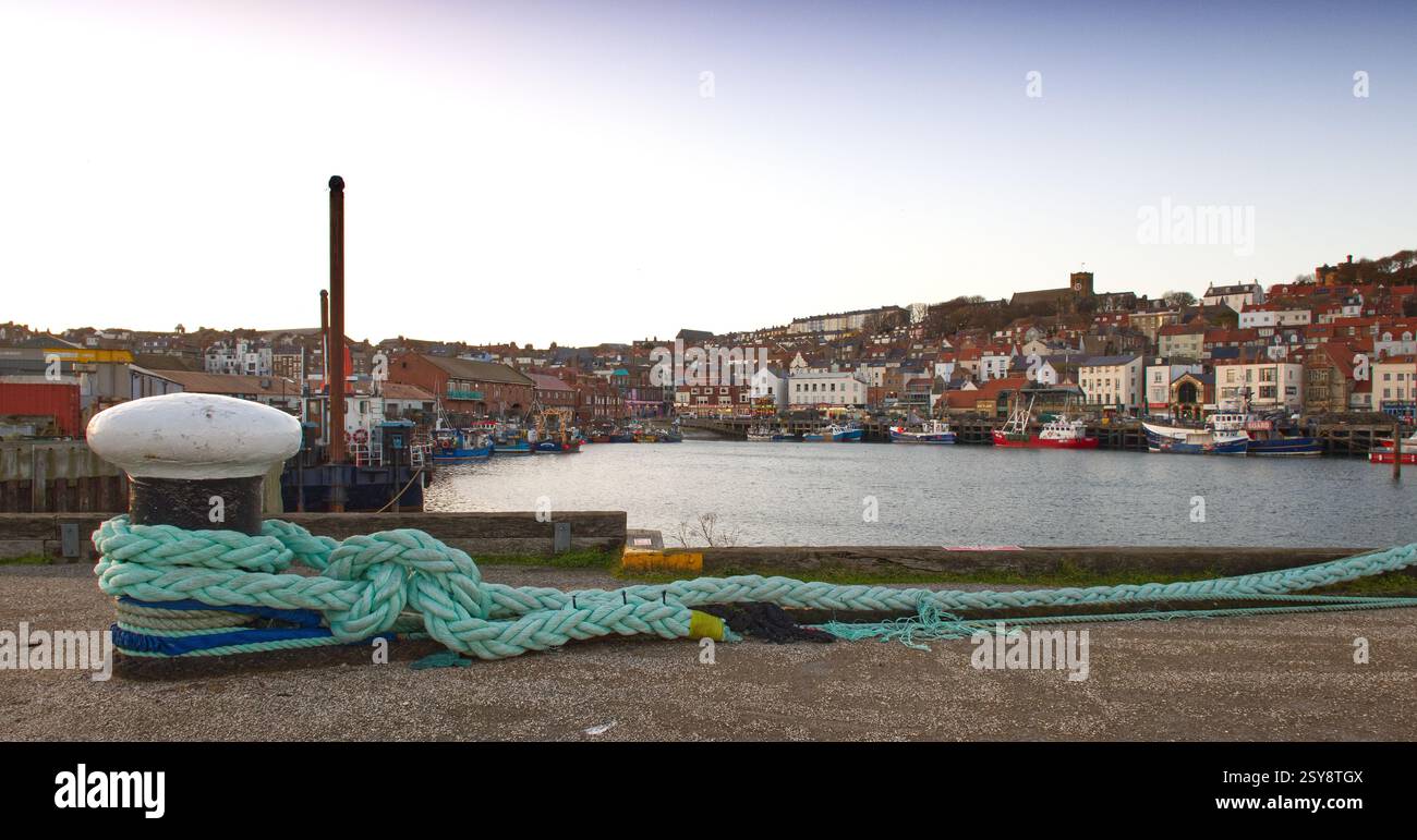 Scarborough townscape and harbour from Vincent pier in the evening sun ...