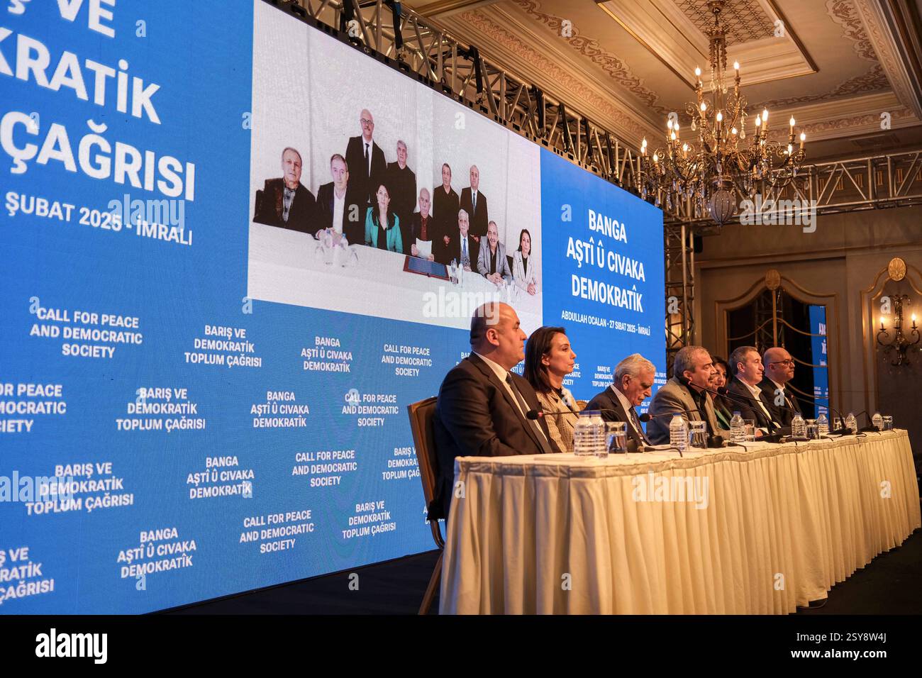 Istanbul, Turkey. 27th Feb, 2025. Imrali Delegation reads Abdullah ...
