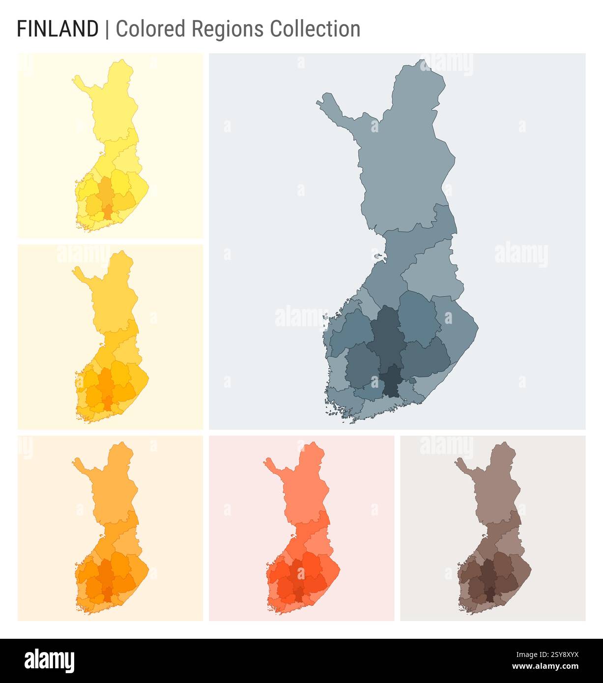 Finland map collection. Country shape with colored regions. Blue Grey ...