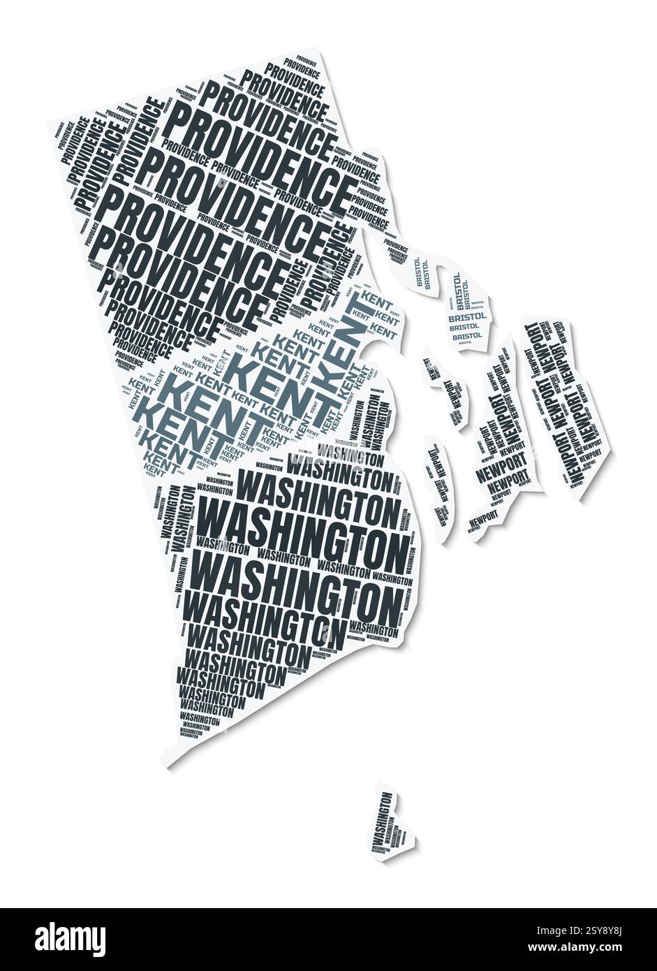 Rhode Island shape text cloud. State border with shadow on white ...